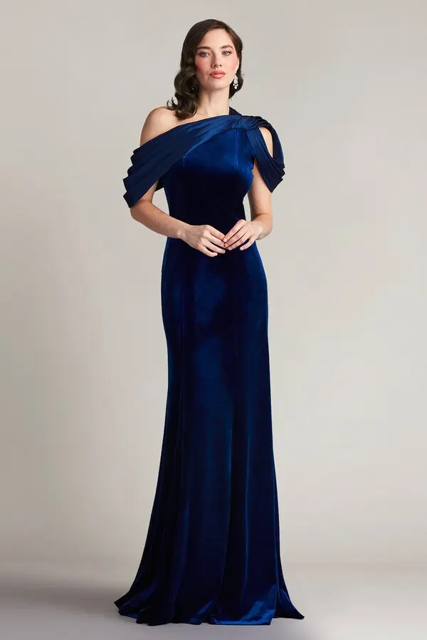 Tadashi Shoji Copley Shoulder Drape Velvet Gown - Navy