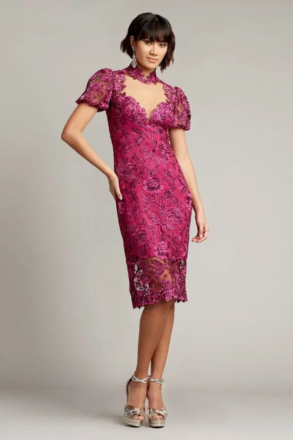 Tadashi Shoji Daniela Embroidered Illusion Dress - Magenta