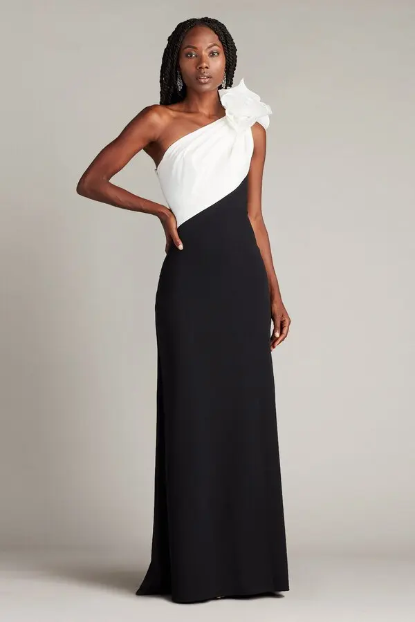 Tadashi Shoji Korra One-shoulder Contrast Gown - Ivory/black