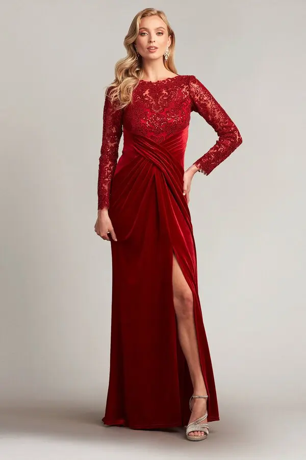 Tadashi Shoji Romy Embroidered Illusion Gown - Lava Red