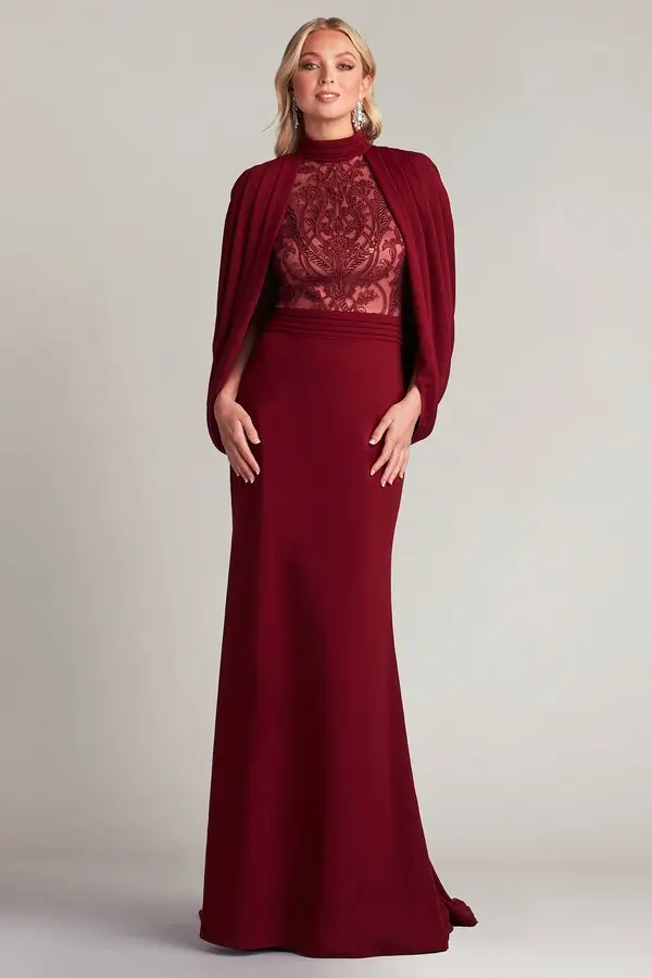 Tadashi Shoji Emmeline Draped Cape-sleeve Gown - Pomegranate