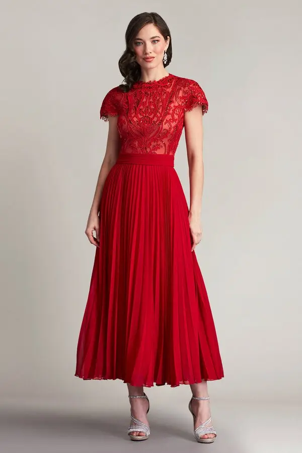 Tadashi Shoji Ora Sequin Embroidered Pleated Midi Dress - Geranium