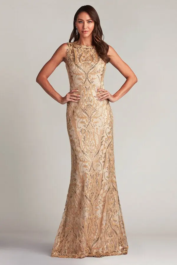 Tadashi Shoji Adola Sequin Embroidered Gown - Gold Dust