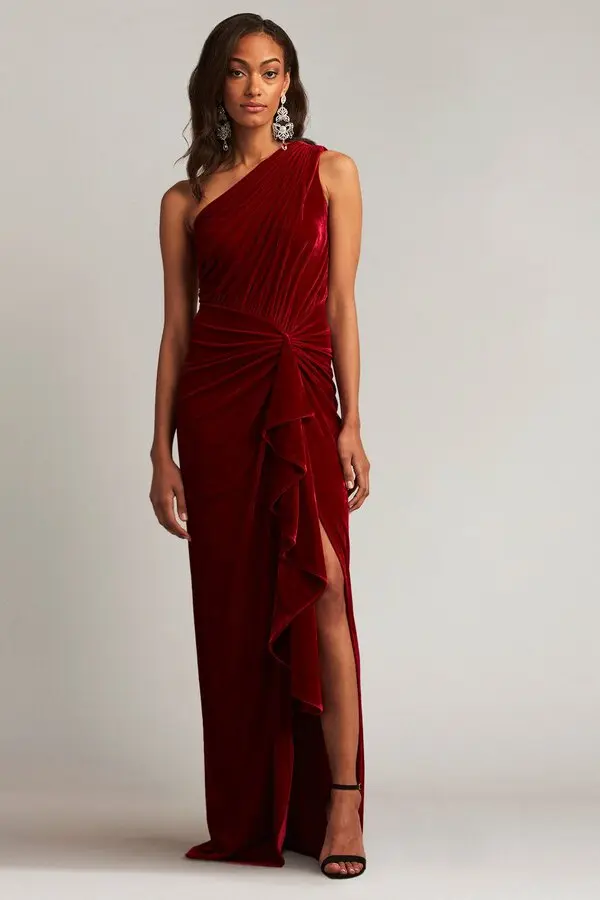 Tadashi Shoji Lotten Waterfall Drape Evening Gown - Flame