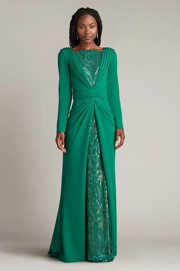 Tadashi Shoji Mariella Plunge Illusion Gown - Bamboo