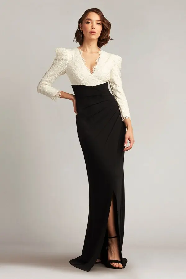 Tadashi Shoji Marshal Crepe & Lace Gown - Ivory/black