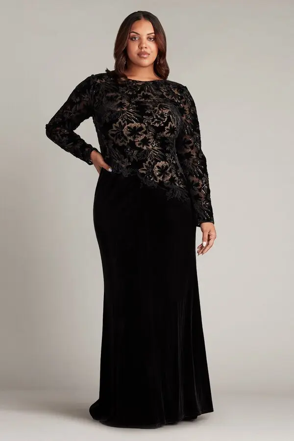Tadashi Shoji Gatlin Sequin Burnout Velvet Gown Plus Size - Black/nude
