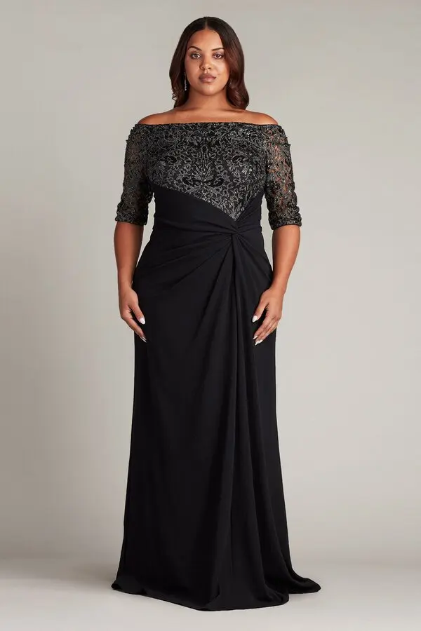 Tadashi Shoji Quinn Off-shoulder Draped Gown Plus Size - Silver/black