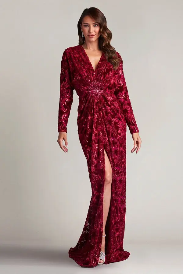 Tadashi Shoji Belleann Sequin Burnout Velvet Gown - Rose Red