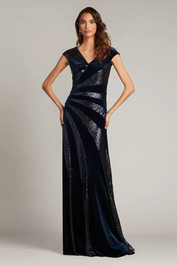 Tadashi Shoji Haleh Sequin Velvet Gown - Navy