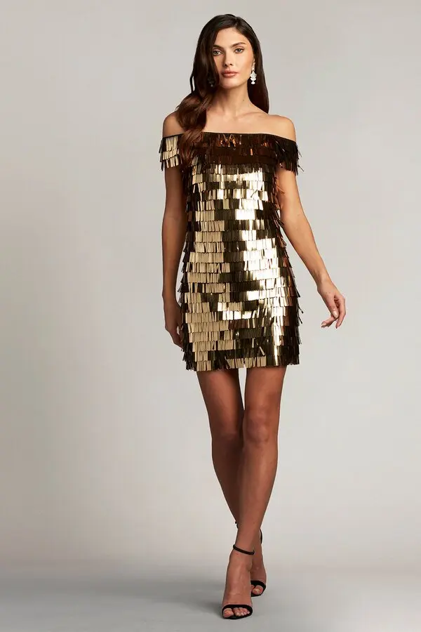 Tadashi Shoji Astor Sequin Fringe Mini Dress - Golden