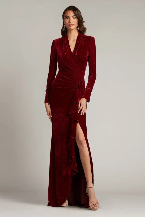 Tadashi Shoji Markum Long-sleeve Velvet Flounce Gown - Pomegranate