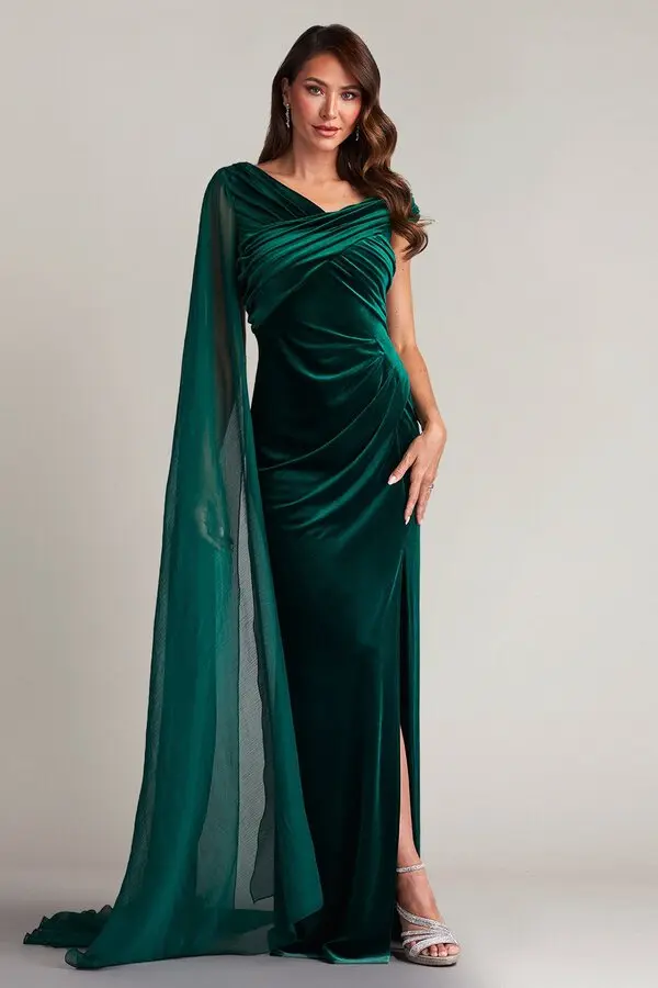 Tadashi Shoji Alora Cape-sleeve Velvet Gown - Pine