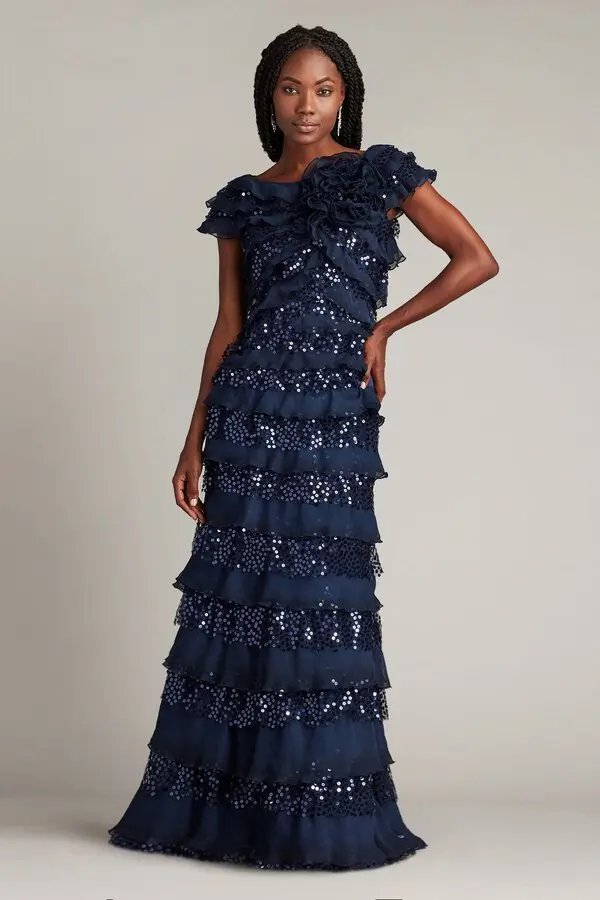 Tadashi Shoji Eston Embellished Tiered Ruffle Gown - Navy