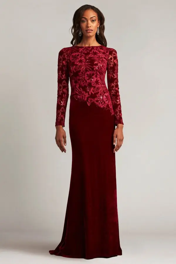Tadashi Shoji Gatlin Sequin Burnout Velvet Gown - Rose Red