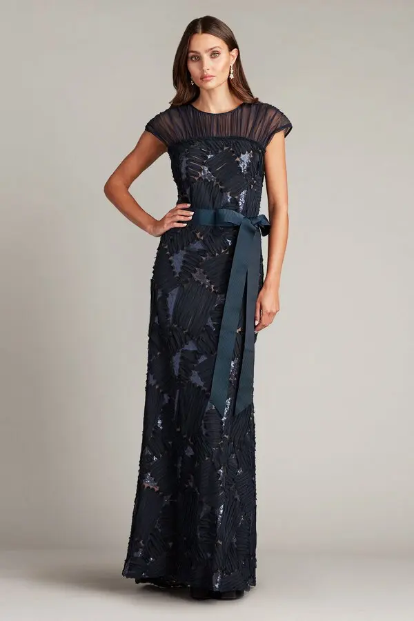 Tadashi Shoji Alma Ribbon Soutache Illusion Gown - Navy/nude