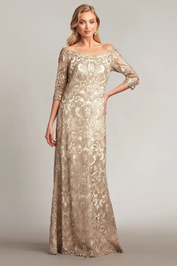 Tadashi Shoji Jemison Sequin Embroidered Gown - Pumice/latte