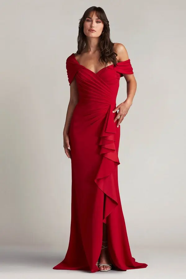Tadashi Shoji Drea Waterfall Flounce Gown - Scarlet