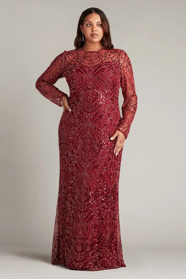 Tadashi Shoji Keziah Embellished Illusion Gown Plus Size - Pomegranate