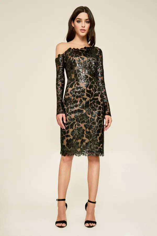 Tadashi Shoji Felix Long-sleeve Sequin Dress - Black/nude