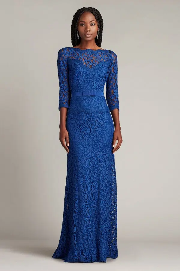 Tadashi Shoji Amberly Belted Lace ¾ Sleeve Gown - Blue Lagoon