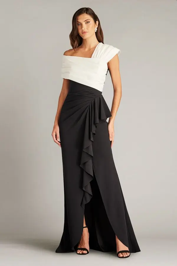 Tadashi Shoji Duke Asymmetric Draped Flounce Gown - Ivory/black