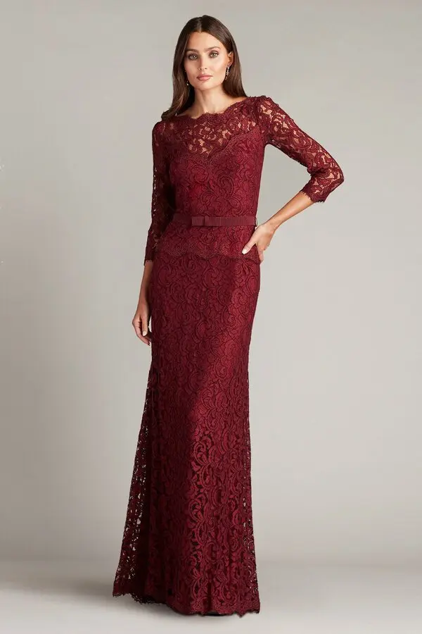 Tadashi Shoji Amberly Belted Lace ¾ Sleeve Gown - Auburn