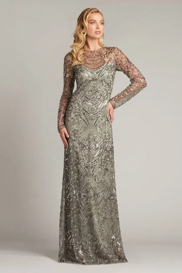 Tadashi Shoji Keziah Embellished Illusion Gown - Silver