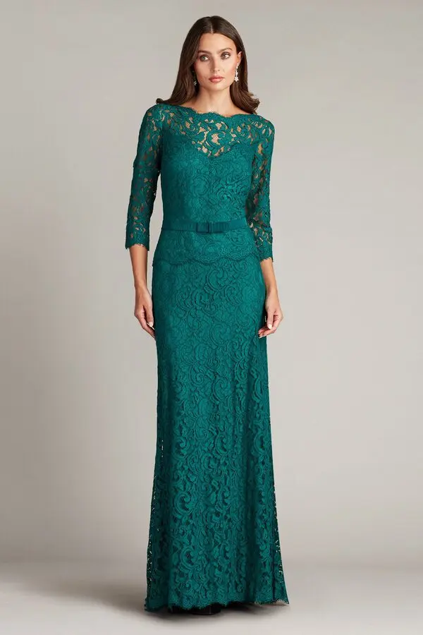 Tadashi Shoji Amberly Belted Lace ¾ Sleeve Gown - Elm