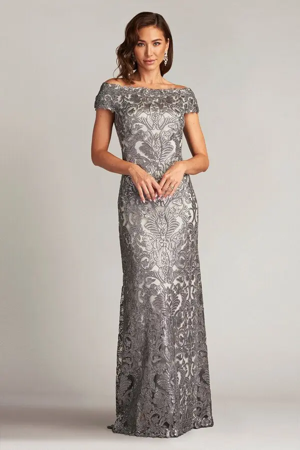 Tadashi Shoji Walsh Sequin Embroidered Tulle Gown - Frost Grey