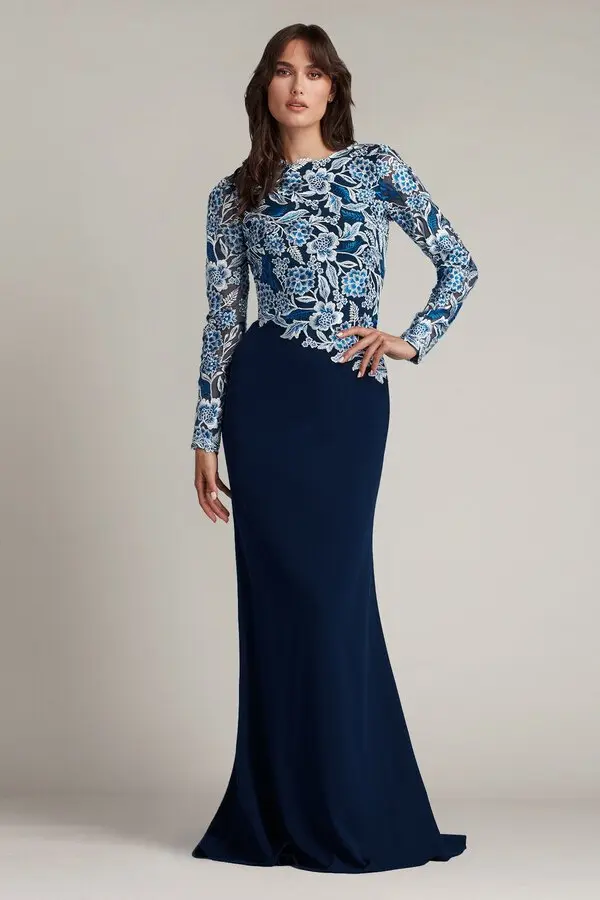 Tadashi Shoji Breece Embroidered Tulle Contrast Gown - Pacific Blue