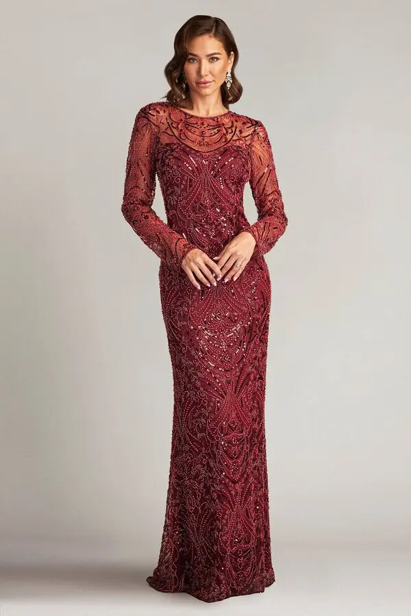 Tadashi Shoji Keziah Embellished Illusion Gown - Pomegranate