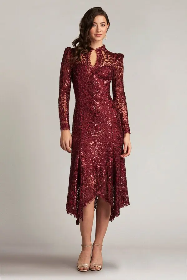 Tadashi Shoji Heiss Sequin Embroidered Illusion Midi Dress - Pomegranate