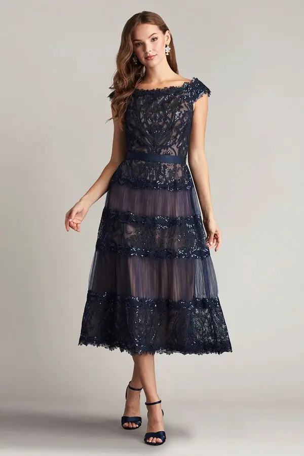 Tadashi Shoji Zaira Tiered Tulle Dress - Navy/nude