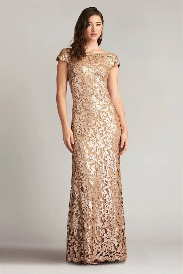 Tadashi Shoji Paillette Embroidered Off Shoulder Gown - Ginseng