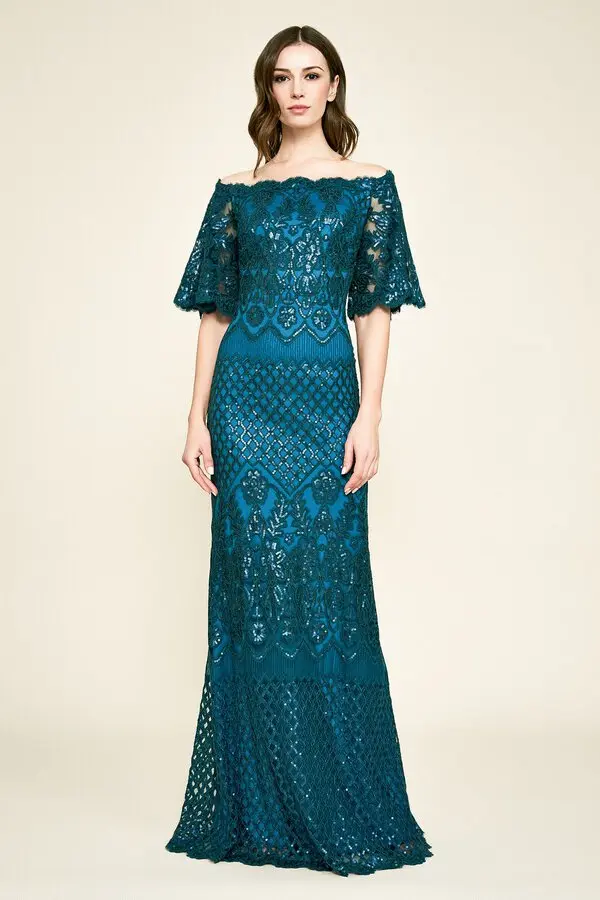 Tadashi Shoji Aimee Off-the-shoulder Sequin Embroidered Gown - Starry Night