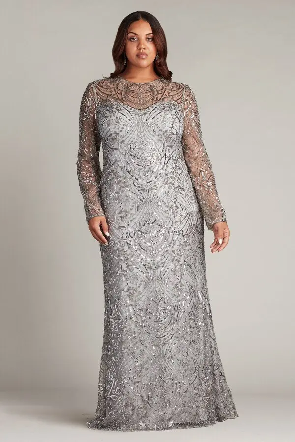 Tadashi Shoji Keziah Embellished Illusion Gown Plus Size - Silver
