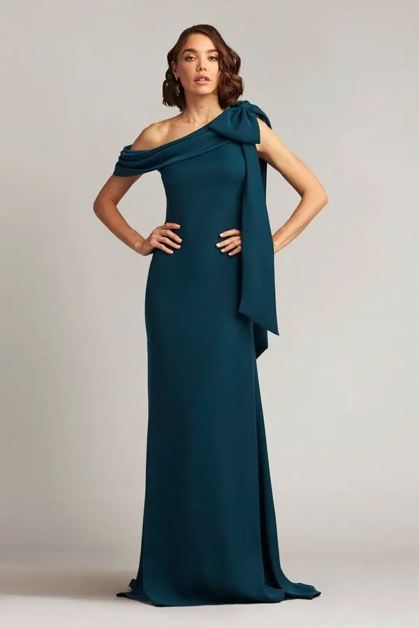Tadashi Shoji Cassia Bow-shoulder Crepe Gown - Eclipse