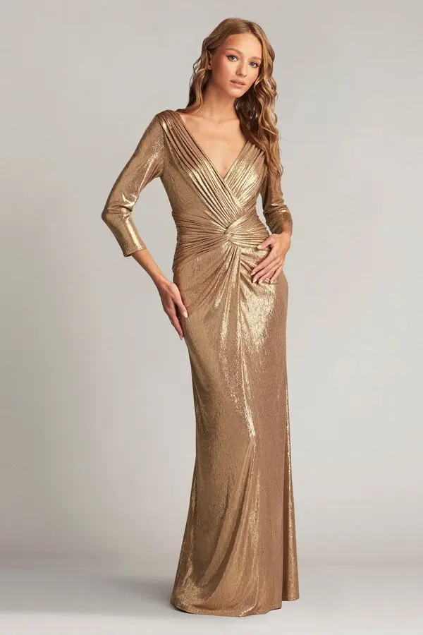 Tadashi Shoji Ryah Metallic Twist Drape Gown - Gold Dust