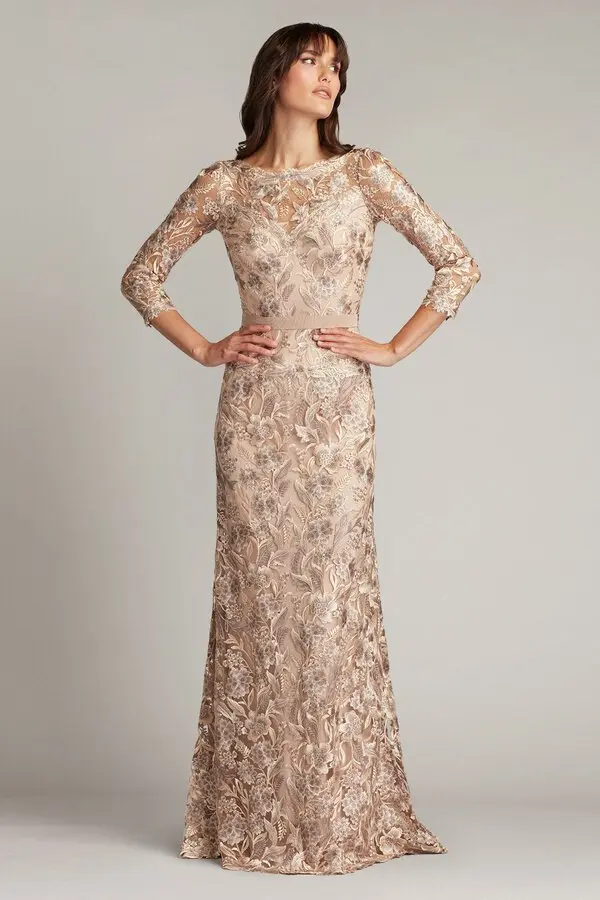 Tadashi Shoji Marcel Embroidered Illusion Gown - Pebble