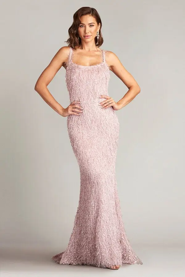 Tadashi Shoji Pip Eyelash Yarn Spaghetti Strap Gown - Mauve