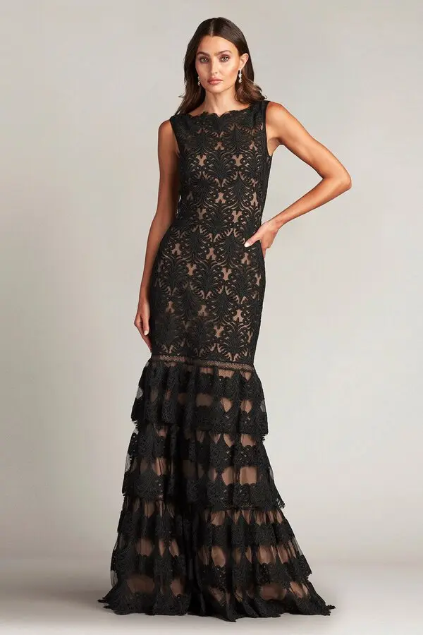 Tadashi Shoji Aniyah Tiered Embroidered Tulle Gown - Black/nude