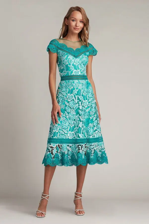 Tadashi Shoji Nance Banded Scalloped Lace Dress - Cool Aqua