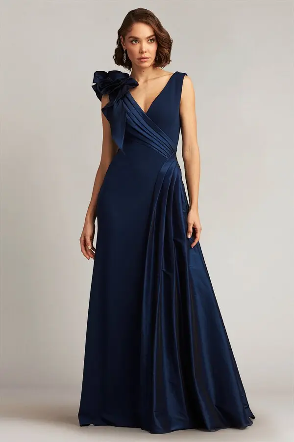 Tadashi Shoji Barlowe Ruffled Shoulder Draped Crepe Gown - Navy