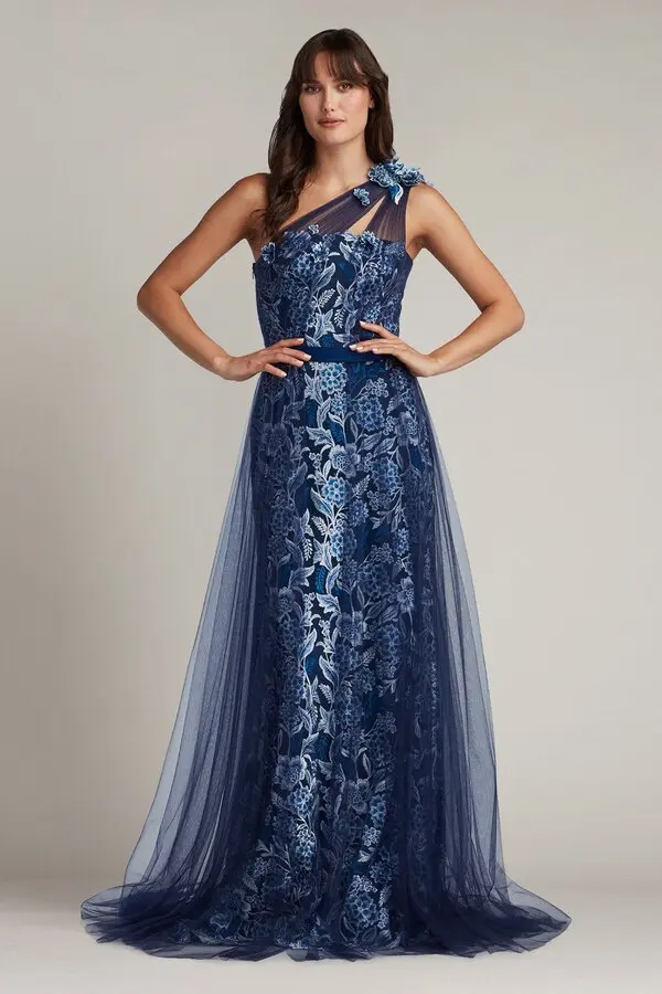 Tadashi Shoji Georgina One-shoulder Illusion Overlay Gown - Pacific Blue