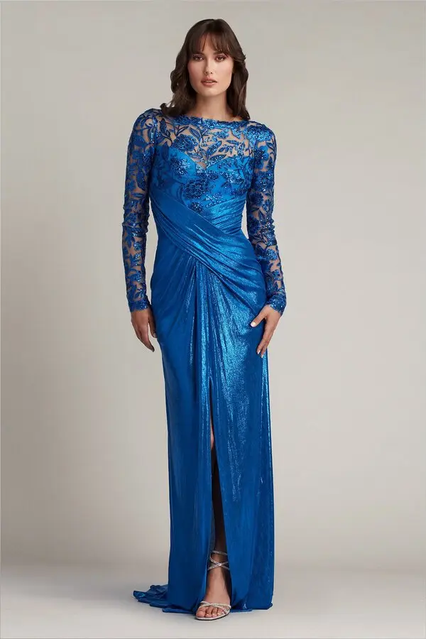 Tadashi Shoji Veder Draped Illusion Gown - Pacific Blue