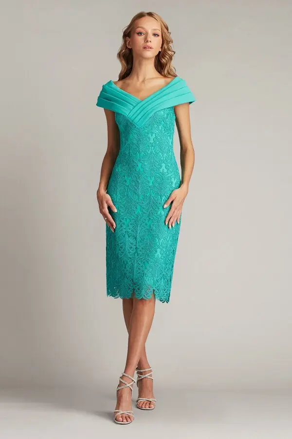 Tadashi Shoji Galle Draped V-neck Embroidered Dress Caqua - Cool Aqua