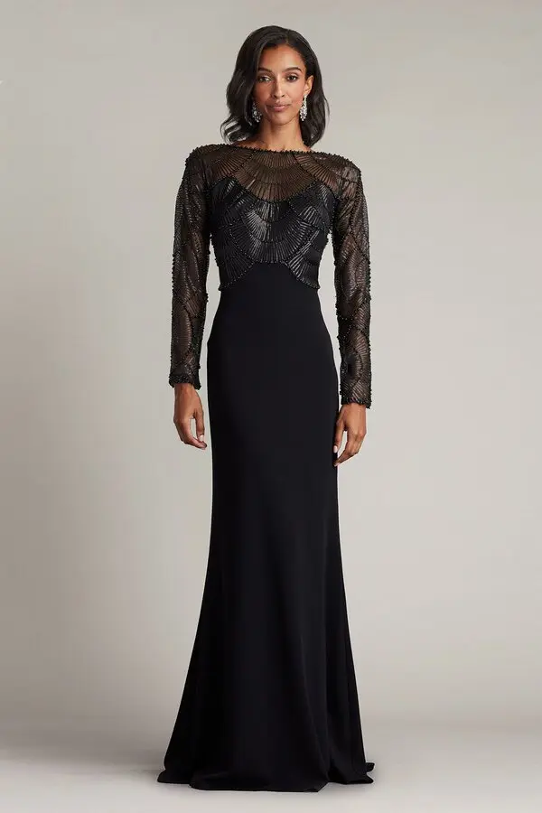 Tadashi Shoji Destiny Long-sleeve Embellished Gown - Black/nude