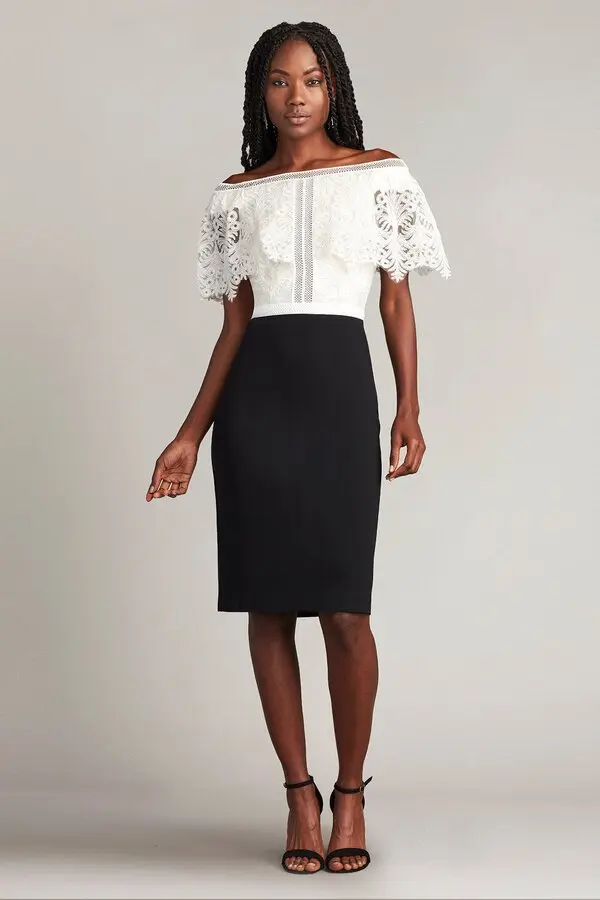 Tadashi Shoji Anders Embroidered Flutter Overlay Dress - Ivory/black
