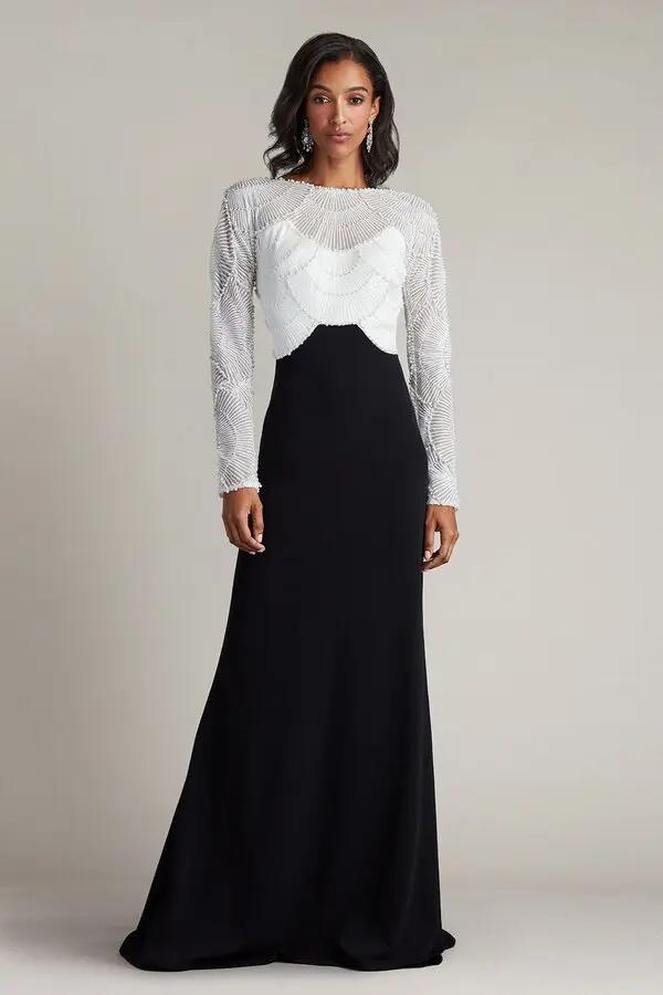Tadashi Shoji Destiny Long-sleeve Embellished Gown - Ivory/black